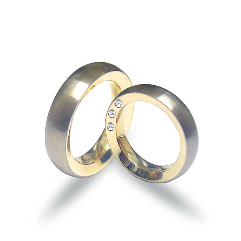 Zwei Ringe ineinander Weiss- und Gelbgold 585 matt und glänzend (E036)